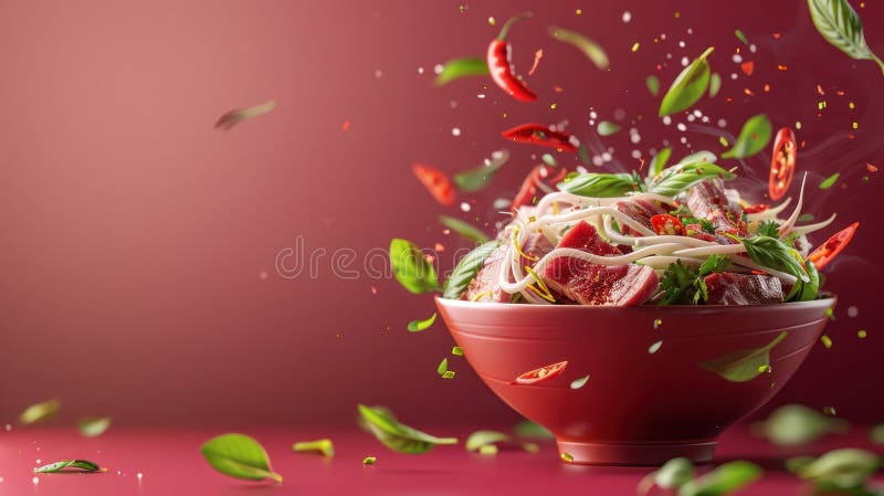 Spicy Pho with Beef and Herbs in a Red Bowl Stock Illustration ...