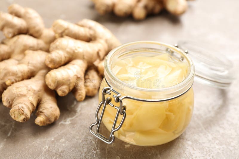 Spicy Pickled Ginger and Root on Grey Table Stock Photo - Image of ...