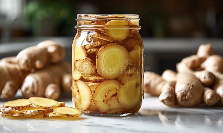 Spicy Pickled Ginger and Root on White Marble Table, Space for Text ...