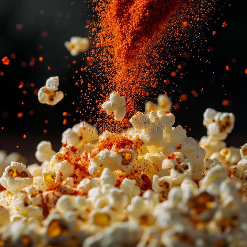 Spicy Popcorn Explosion with Chili Powder Falling Dramatically in Dark ...
