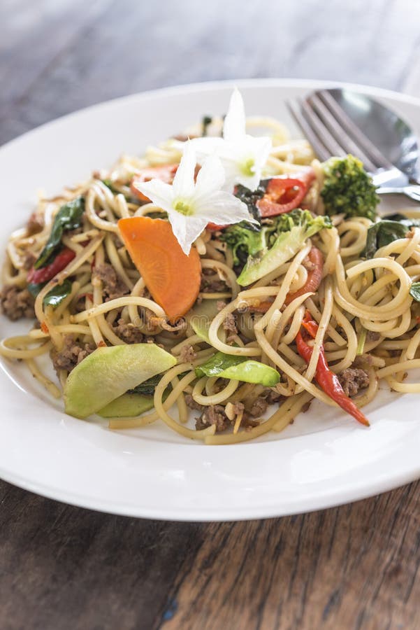 Spicy pork spaghetti stock photo. Image of food, delicacy - 57002292