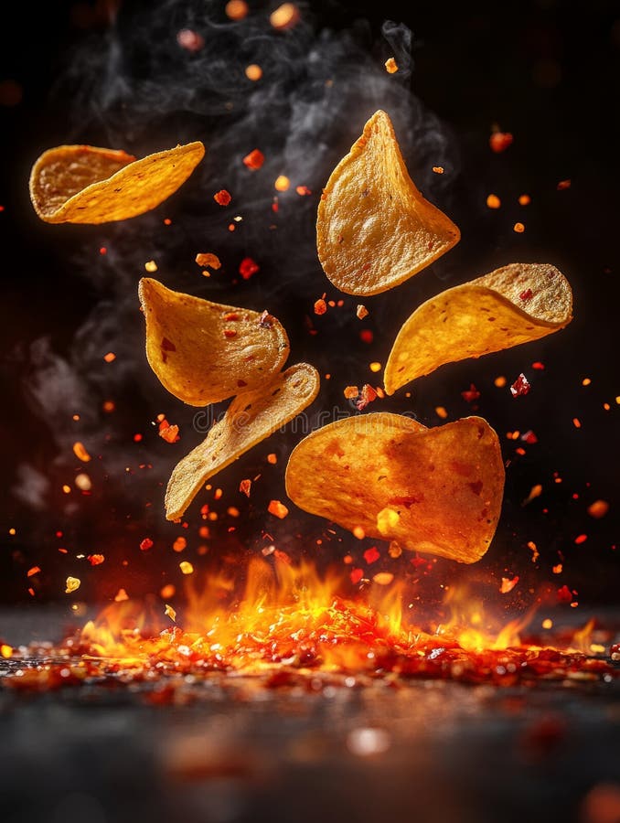 Spicy Potato Chips in Fiery Explosion with Smoke. Stock Photo - Image ...