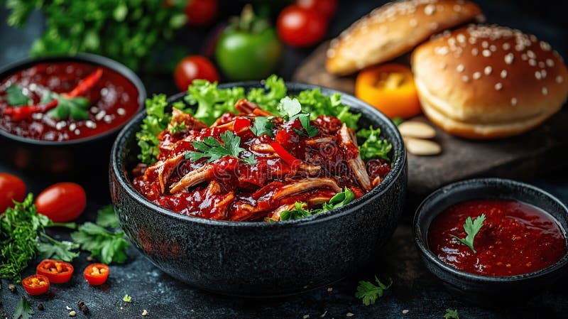 Spicy Pulled Pork Bowl, Burger Buns, Sauce, Studio Shot Stock Photo ...