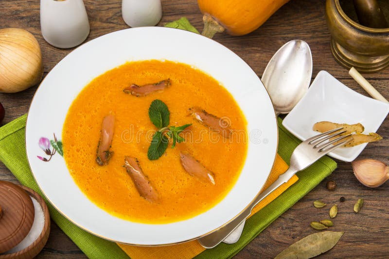 Spicy pumpkin puree soup stock image. Image of butternut - 90556455