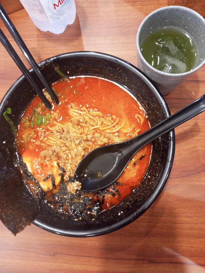 Spicy Ramen Noodle with Cold Ocha Stock Photo - Image of dessert, ramen ...