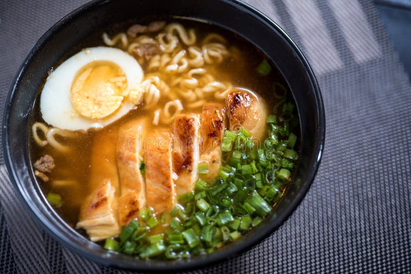 Spicy Ramen Soup with Chicken, Spring Onions, Egg Stock Photo - Image ...