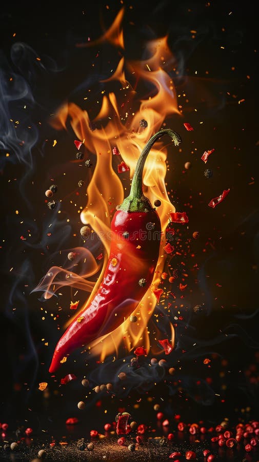Spicy Red Chili Pepper on Fire, Dramatic Cooking Concept Stock Image ...