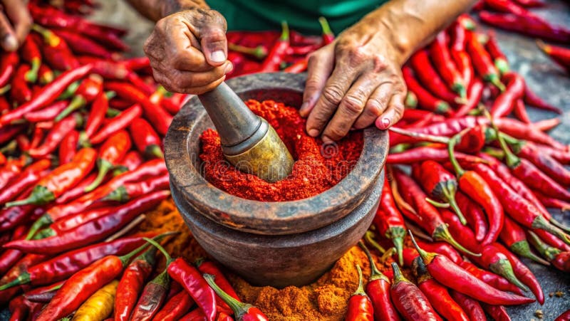 Spicy Red Chilies Explode through Clouds of Chili Powder, Creating a ...