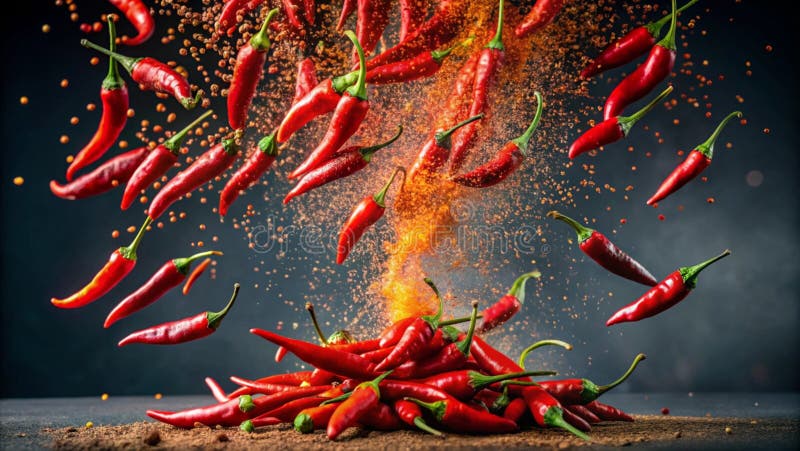 Spicy Red Chilies Explode through Clouds of Chili Powder, Creating a ...