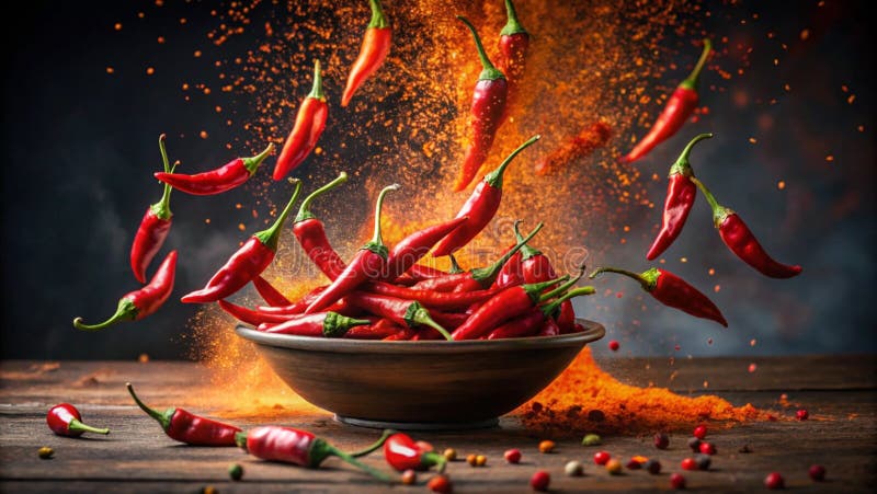 Spicy Red Chilies Explode through Clouds of Chili Powder, Creating a ...
