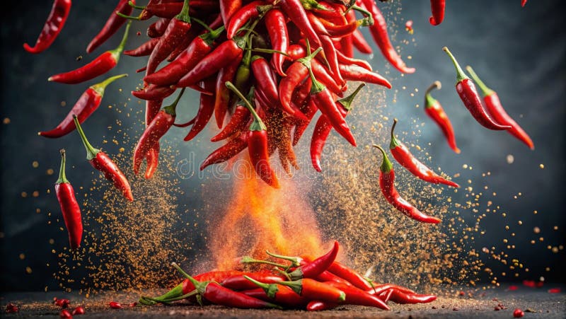 Spicy Red Chilies Explode through Clouds of Chili Powder, Creating a ...