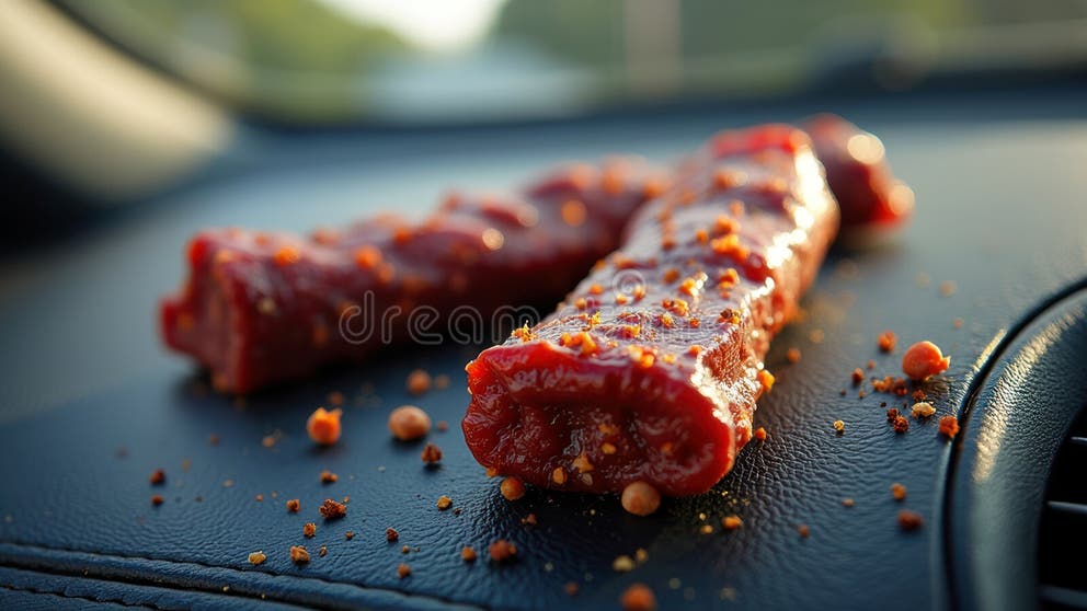 Spicy Red Meat Rolls with Seasoning on Car Dashboard in Sunlight Stock ...