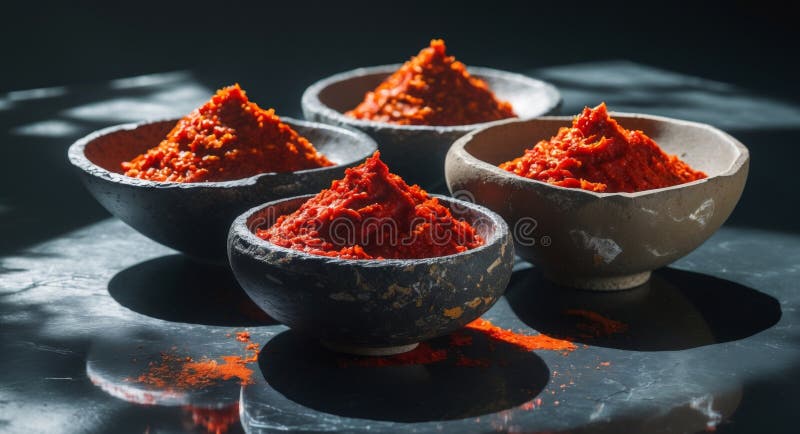 Spicy Red Pepper Paste Displayed in Rustic Bowls Under Dramatic ...