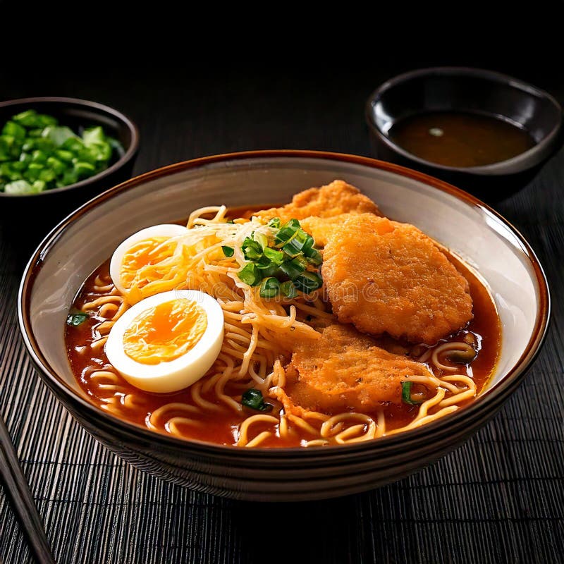 Spicy Red Ramen with Crispy Fried Chicken and Soft-Boiled Egg Stock ...