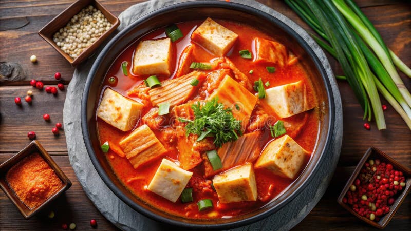 Spicy Savory Stew with Tofu and Vegetables in a Dark Bowl. Generative ...