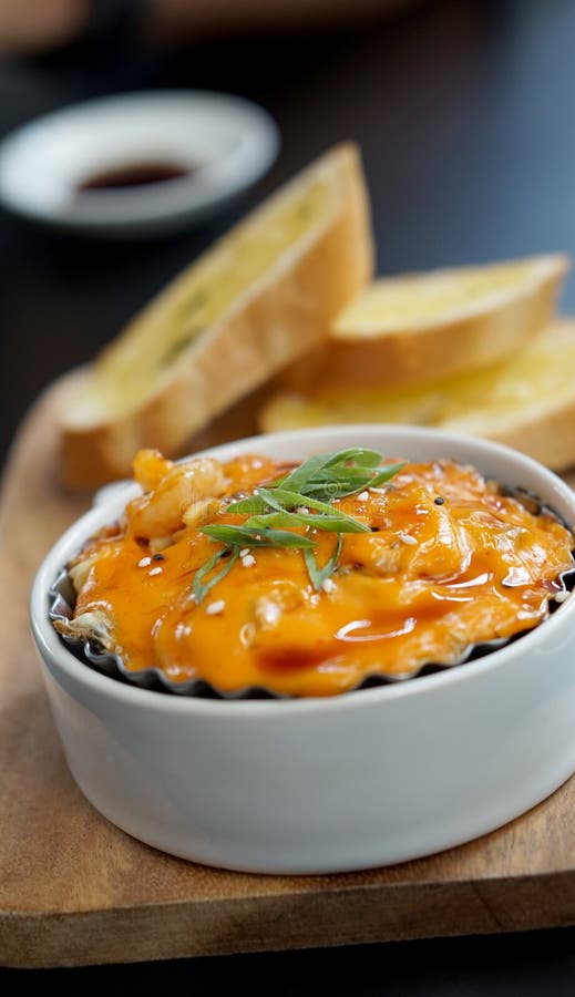 Spicy Scallop with Mayo Cream Together with Garlic Bread Stock Photo ...