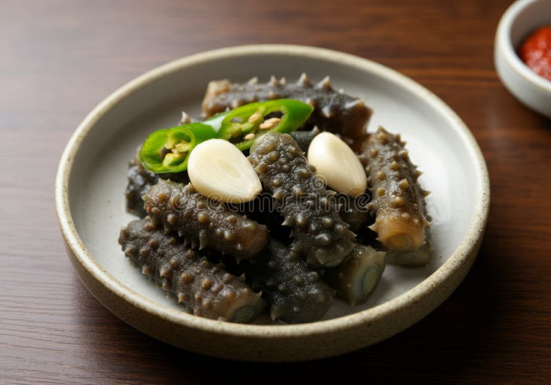 Spicy Sea Cucumber Dish with Garlic and Jalapenos on a Ceramic Plate ...