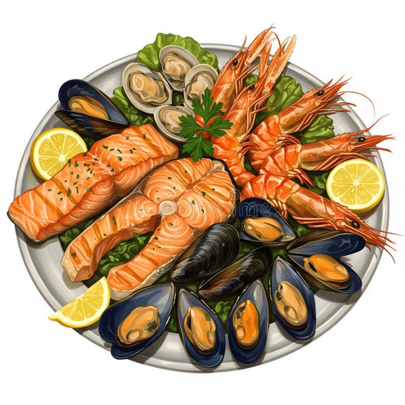 Spicy Seafood Grilled Platter with Assorted Shellfish and Garnish Stock ...