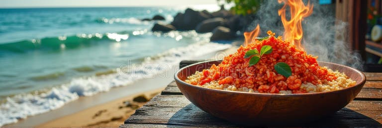 Spicy Seafood Pasta on Beachside Table with Ocean View Stock Image ...