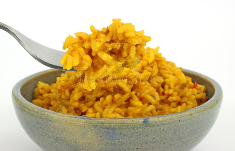 Spicy Seasoned Rice in Bowl with Fork Stock Image - Image of serving ...