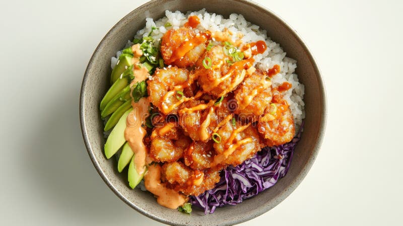 Spicy Shrimp Bowl with Avocado, Rice, and Cabbage Stock Illustration ...