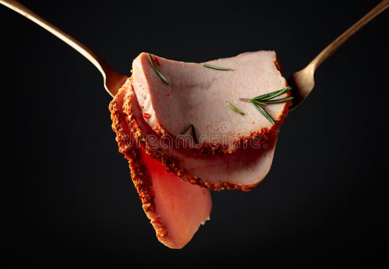 Spicy sliced ham on forks stock photo. Image of healthy - 266035628