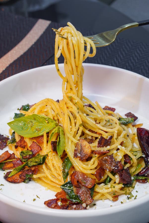 Spicy Spaghetti with Dried Chili and Fried Bacon Stock Photo - Image of ...