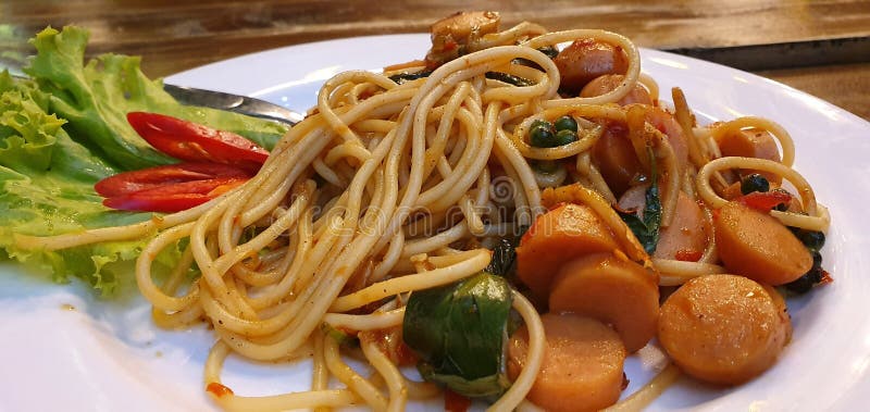 Spicy Spaghetti lunch stock photo. Image of curry, produce - 326072450