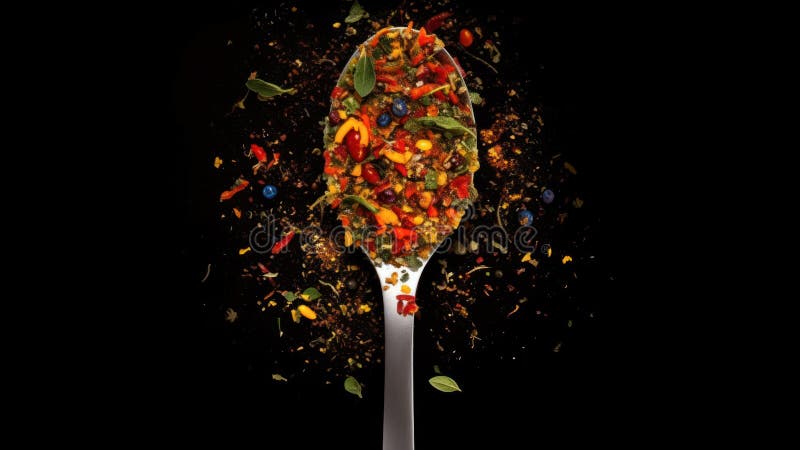 Spicy Spice with Pieces Dry Vegetable in Spoon Condiments on Black ...