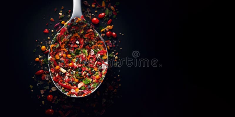 Spicy Spice with Pieces Dry Vegetable in Spoon Condiments on Black ...