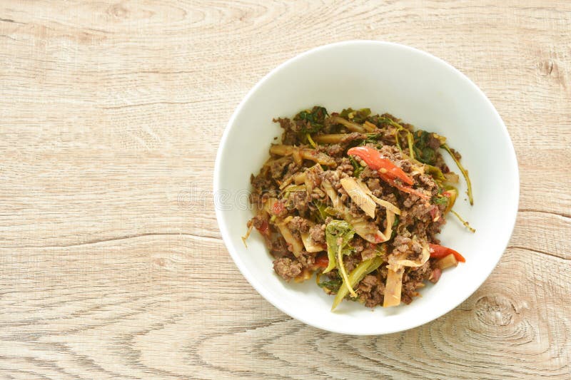 Spicy Stir Fried Bamboo Shoot and Chop Beef Meat with Basil Leaf in ...