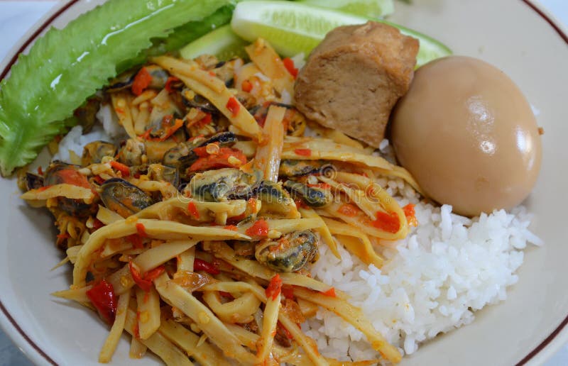 Spicy Stir-fried Bamboo Shoot with Mussel and Boiled Brown Egg on Rice ...