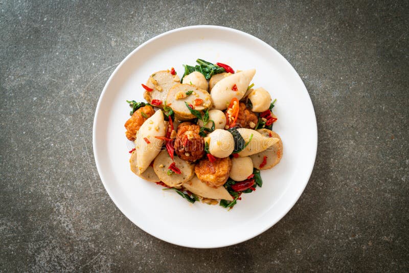 Spicy Stir Fried Fish Balls Stock Photo - Image of chill, rice: 225818616