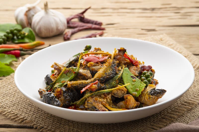 Spicy Stir Fried Frog Meat with Chilli Paste and Basil Leave Stock ...