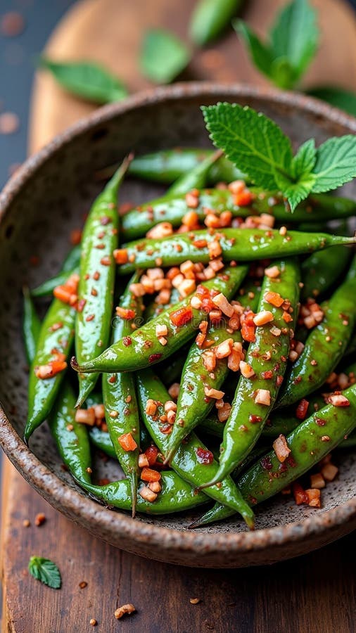 Spicy Stir-fried Green Chili Peppers with Garlic and Herbs Stock Image ...