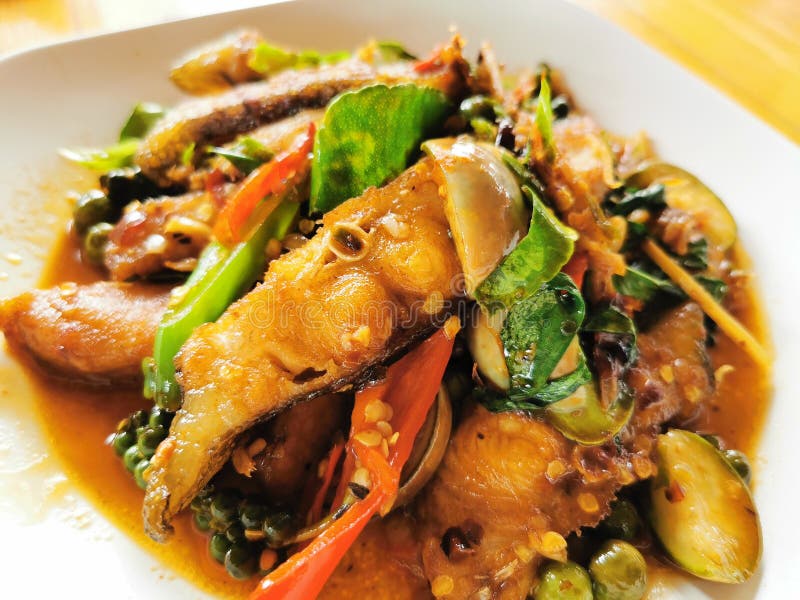 Spicy Stir Fried Redtail Catfish Stock Photo - Image of garlic ...