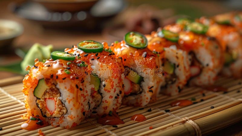 Spicy Sushi Roll Close-up with Jalapenos and Roe - Generative Ai Stock ...