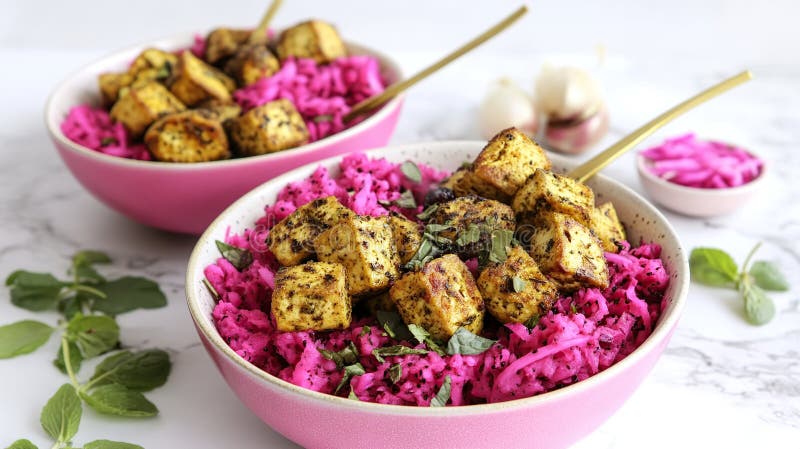 Spicy Tofu & Beet Rice Bowls, Kitchen Setting Stock Photo - Image of ...