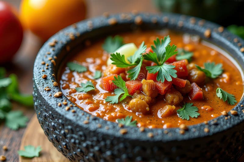 Spicy Tomato Chickpea Stew in Rustic Black Bowl with Fresh Herbs Stock ...