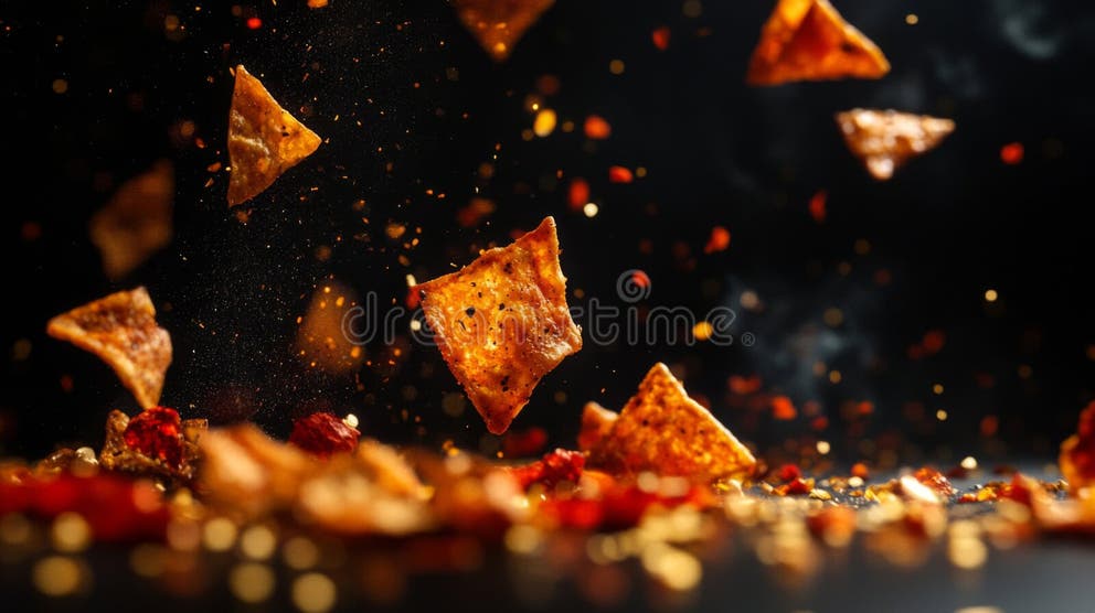 Spicy Triangle Chips Falling on Dark Background Stock Illustration ...