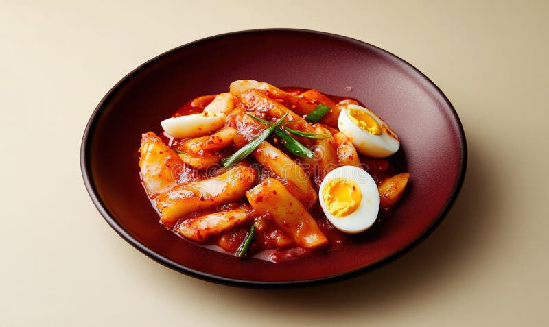Spicy Tteokbokki Rice Cakes with Fish Cakes and Boiled Eggs Served on a ...