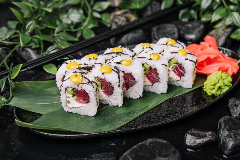 Spicy Tuna Maki Rolls on Plate Stock Image - Image of sushi, plate ...