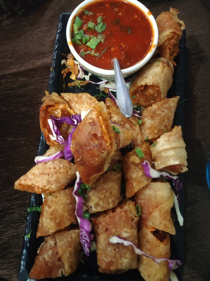 Spicy Veg Spring Roll in Restaurant Stock Photo - Image of restaurant ...