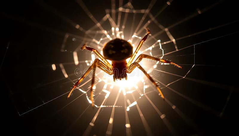 Spider in a Broken Web: Dramatic Backlit Silhouette Stock Image - Image ...