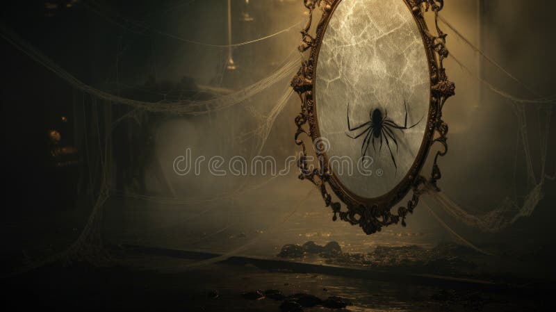 Spider Crawling Across Cobweb-Covered Mirror AI Generated Stock ...