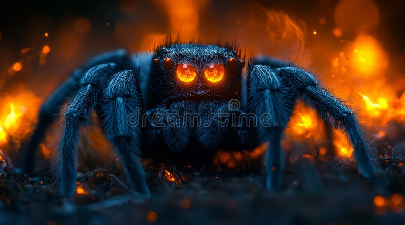 A Spider with Glowing Eyes is in Front of a Fire Stock Photo - Image of ...