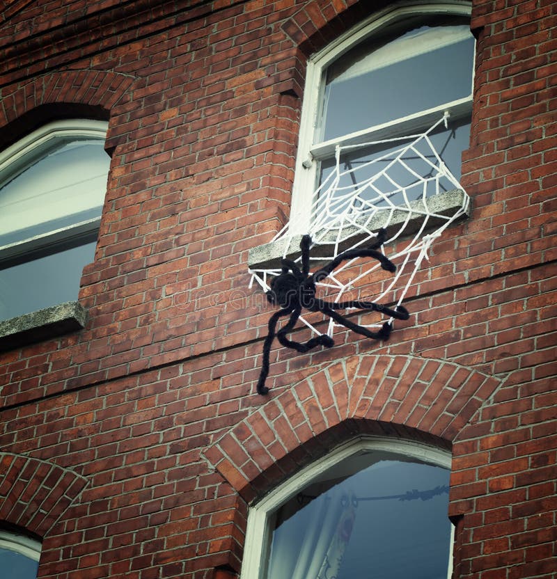 Spider Halloween Decoration on Red Brick Building Stock Image - Image ...