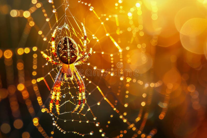 A Spider on His Web Dripping with Dewdrop Against Morning Sunlight ...