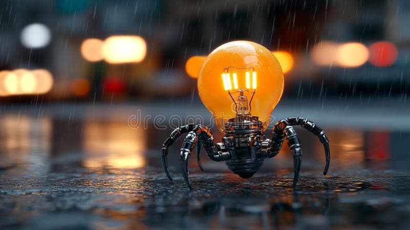 A Spider with a Light Bulb on Its Back in the Rain Stock Photo - Image ...