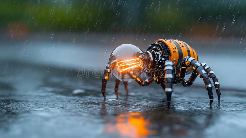 A Spider with a Light Bulb on Its Back in the Rain Stock Photo - Image ...